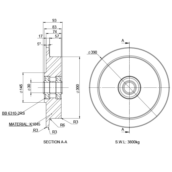 300mm Single Flange Track Wheel | 30mm Axle Diameter (SF1499-M30 ...