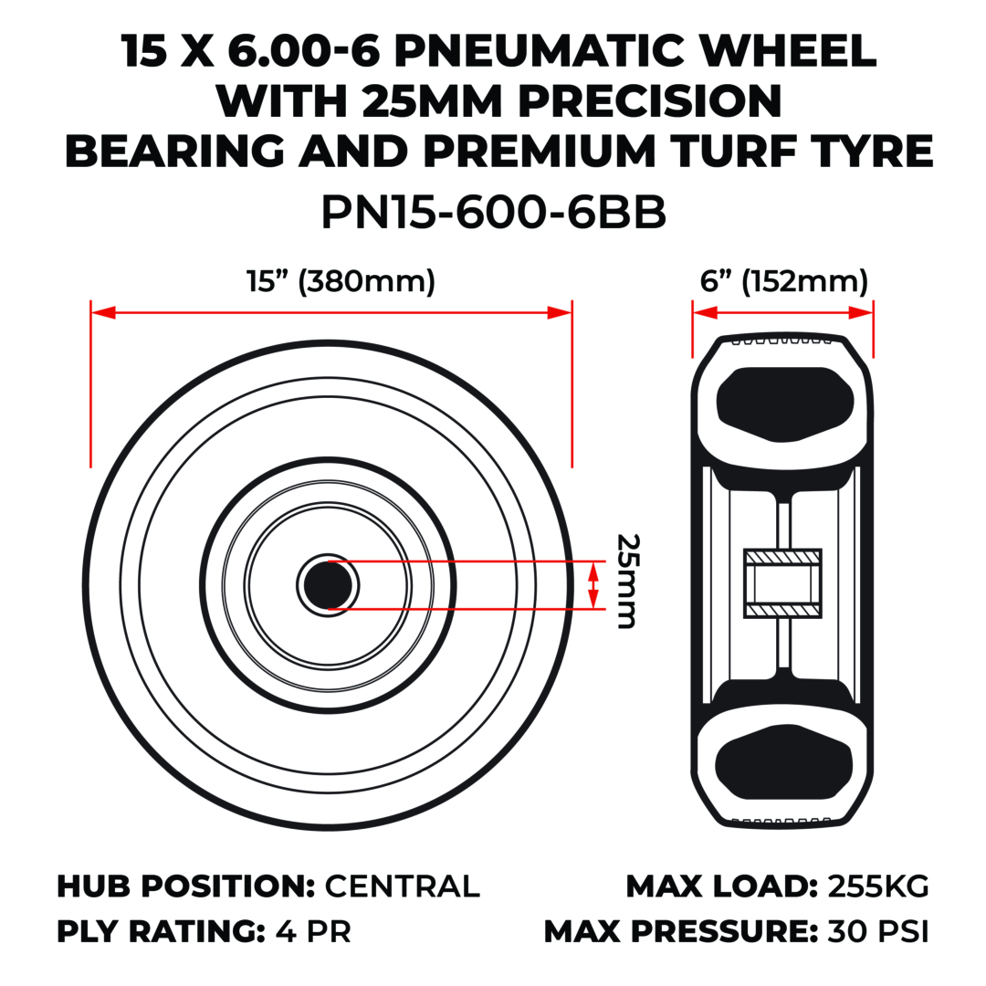 15 X 6.00-6 Pneumatic Wheel With 25mm Precision Bearing And Premium ...