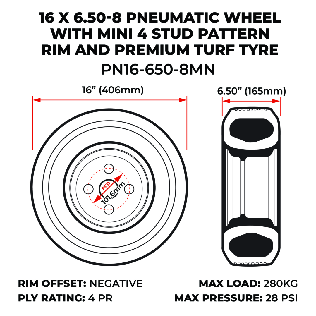 16 X 6.50-8 Pneumatic Wheel With Mini 4 Stud Pattern Rim And Premium Turf Tyre (PN16-650-8MN ...