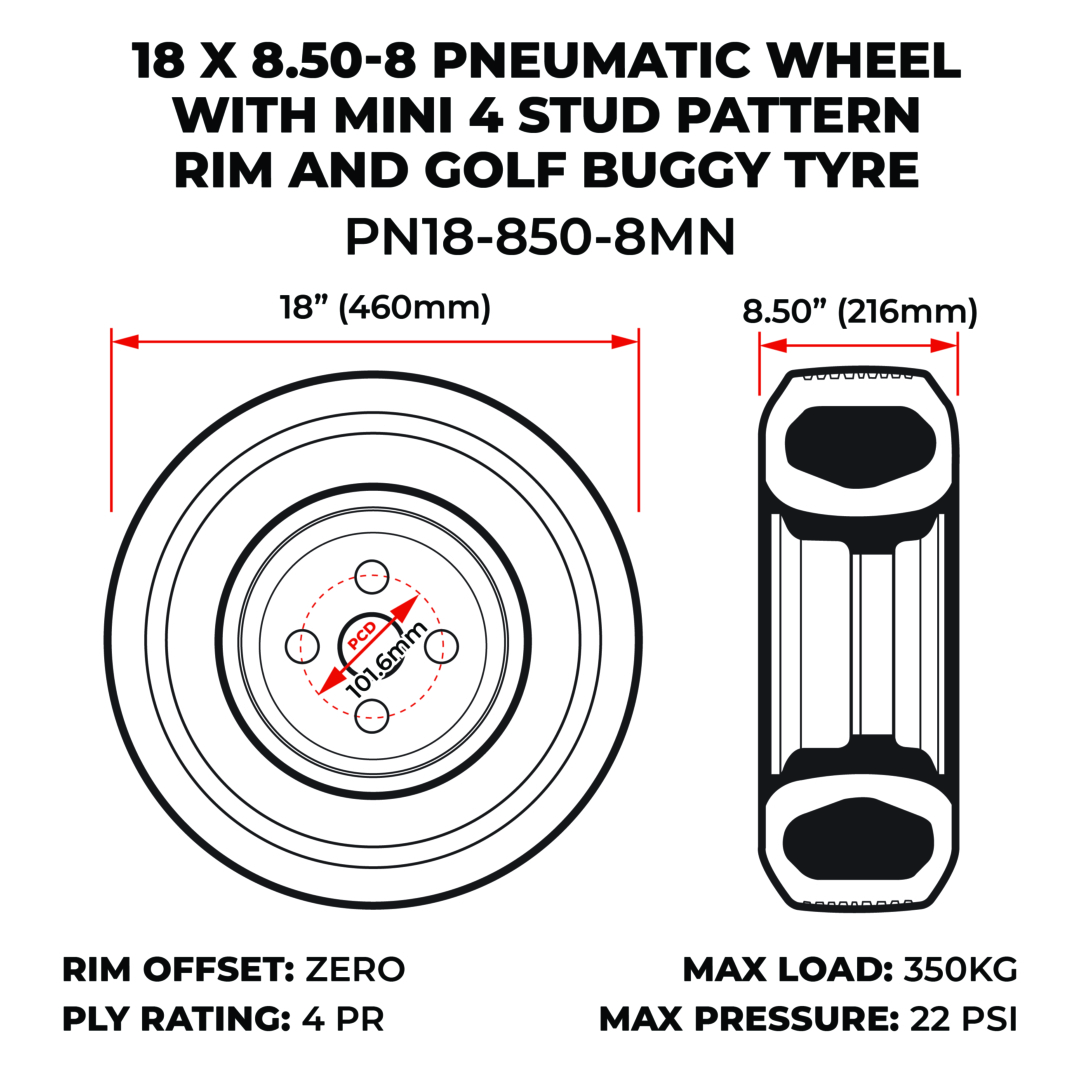 18 X 8.50-8 Pneumatic Wheel With Mini 4 Stud Pattern Rim And Golf Buggy ...