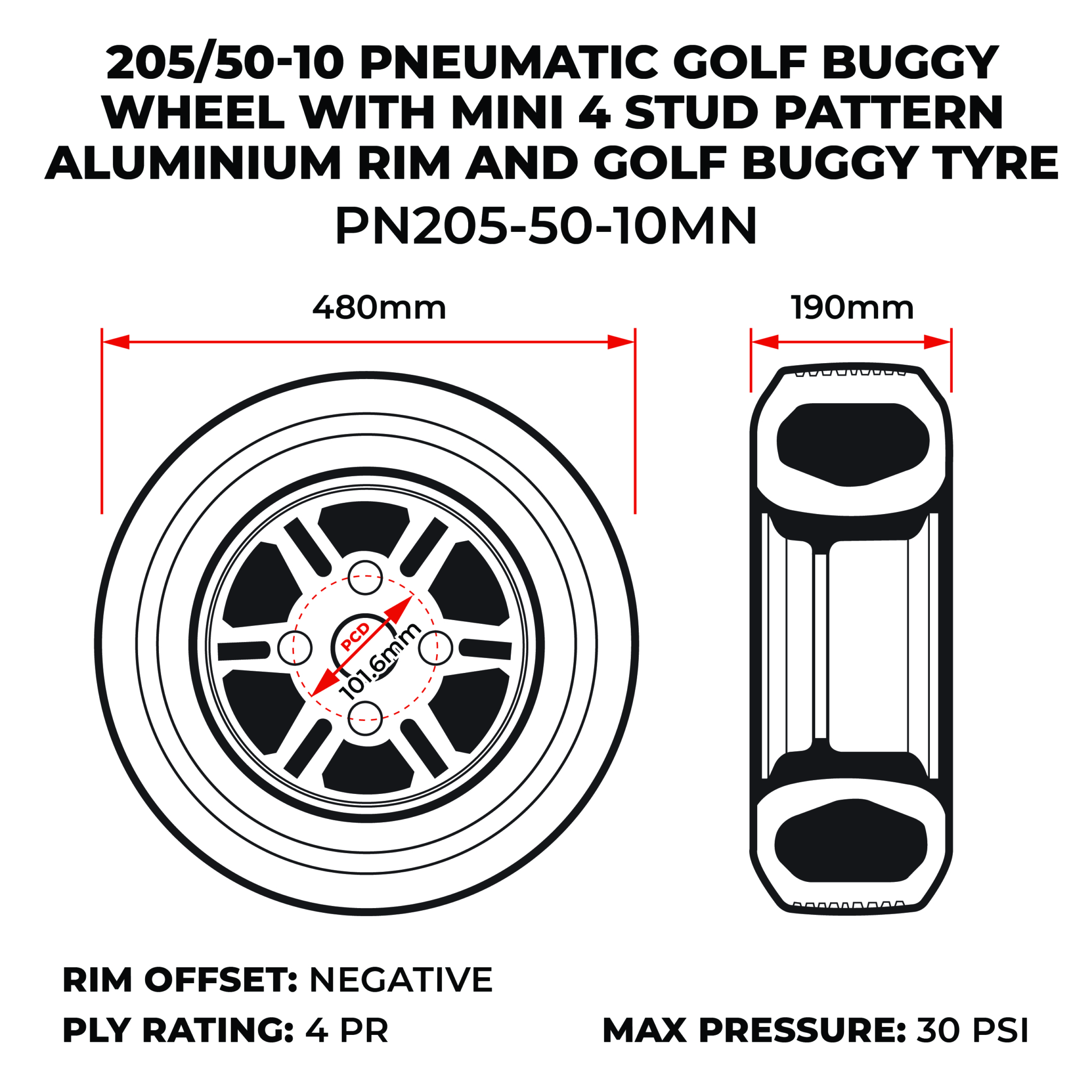205/50-10 Pneumatic Golf Buggy Wheel With Mini 4 Stud Pattern Aluminium ...