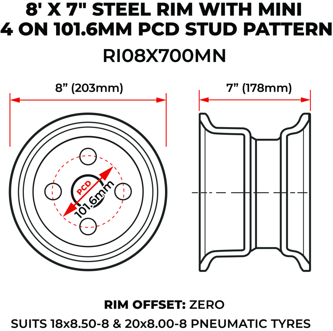 8' X 7" Steel Rim With Mini 4 On 101.6mm PCD Stud Pattern (RI08X700MN ...