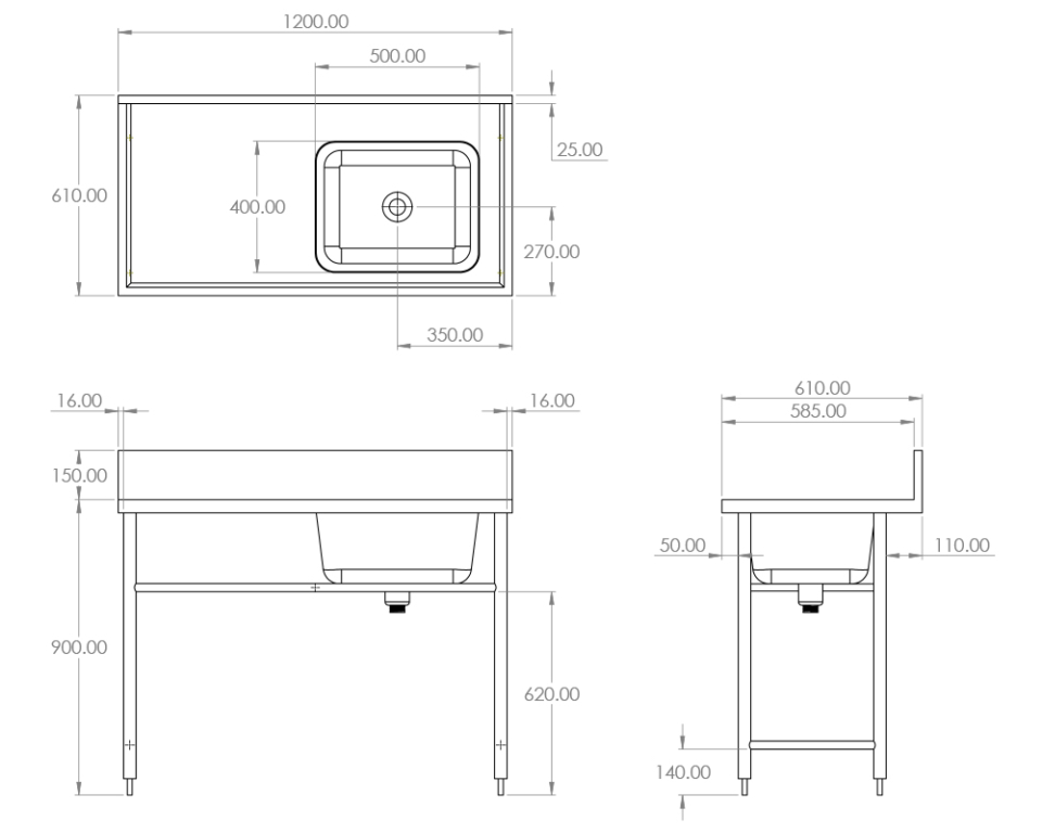Stainless Steel Bench with Right Sink – Grade 304 | 1200 x 610 x 900mm ...
